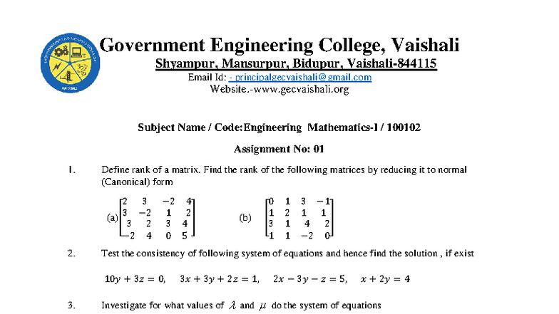 Engineering 100102 Assignment 01 - Matrix Theory & Linear Algebra - Studocu