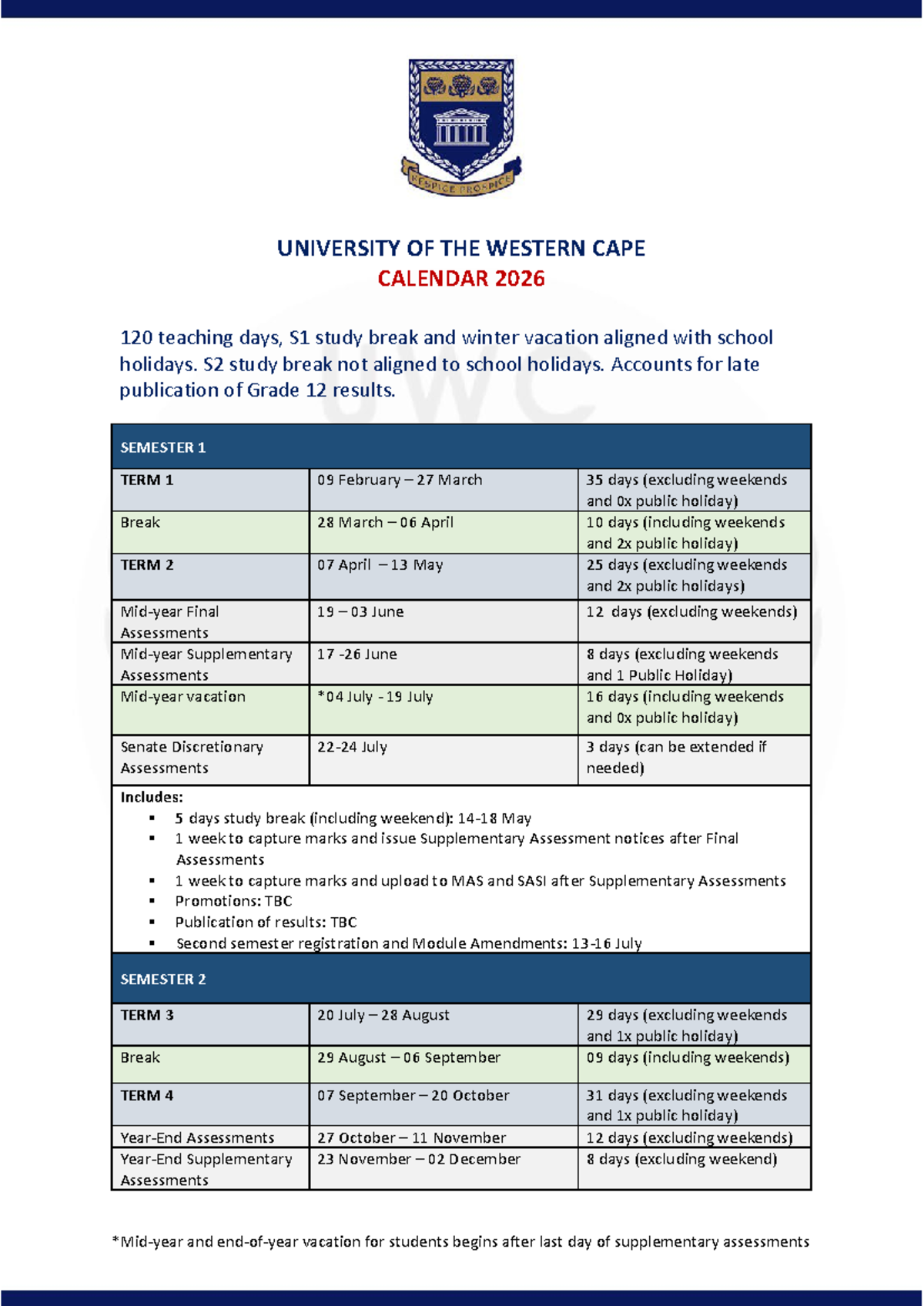 UWC 2026 Academic Calendar: Key Dates & Assessments - Studocu