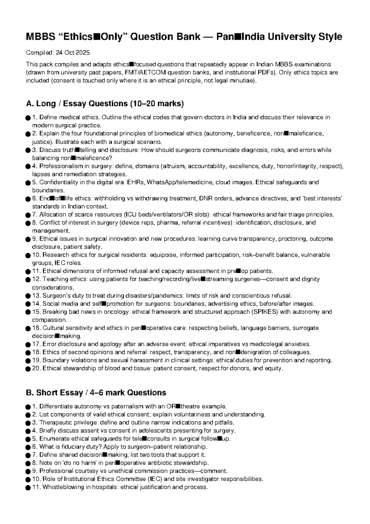 MBBS Ethics Question Bank: Comprehensive Guide for Indian Exams - Studocu