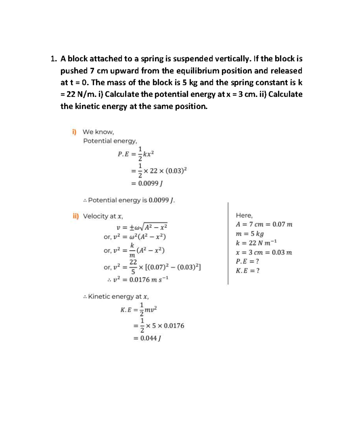SHM Math Problems - PHYS 101: Energy Calculations and Oscillations ...