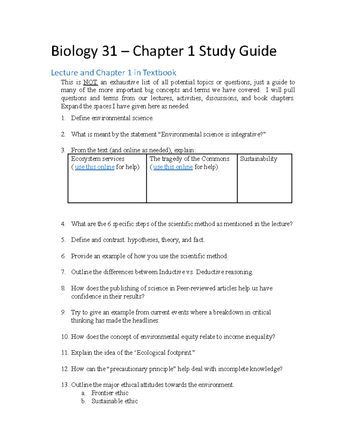 Biology 31 - Chapter 1 Study Guide: Key Concepts and Terms - Biology 31 ...
