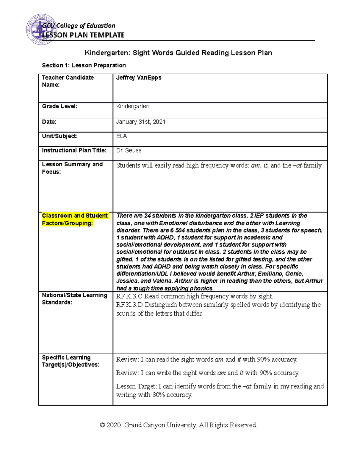 Differentiating Instruction - LESSON PLAN TEMPLATE Kindergarten: Sight ...