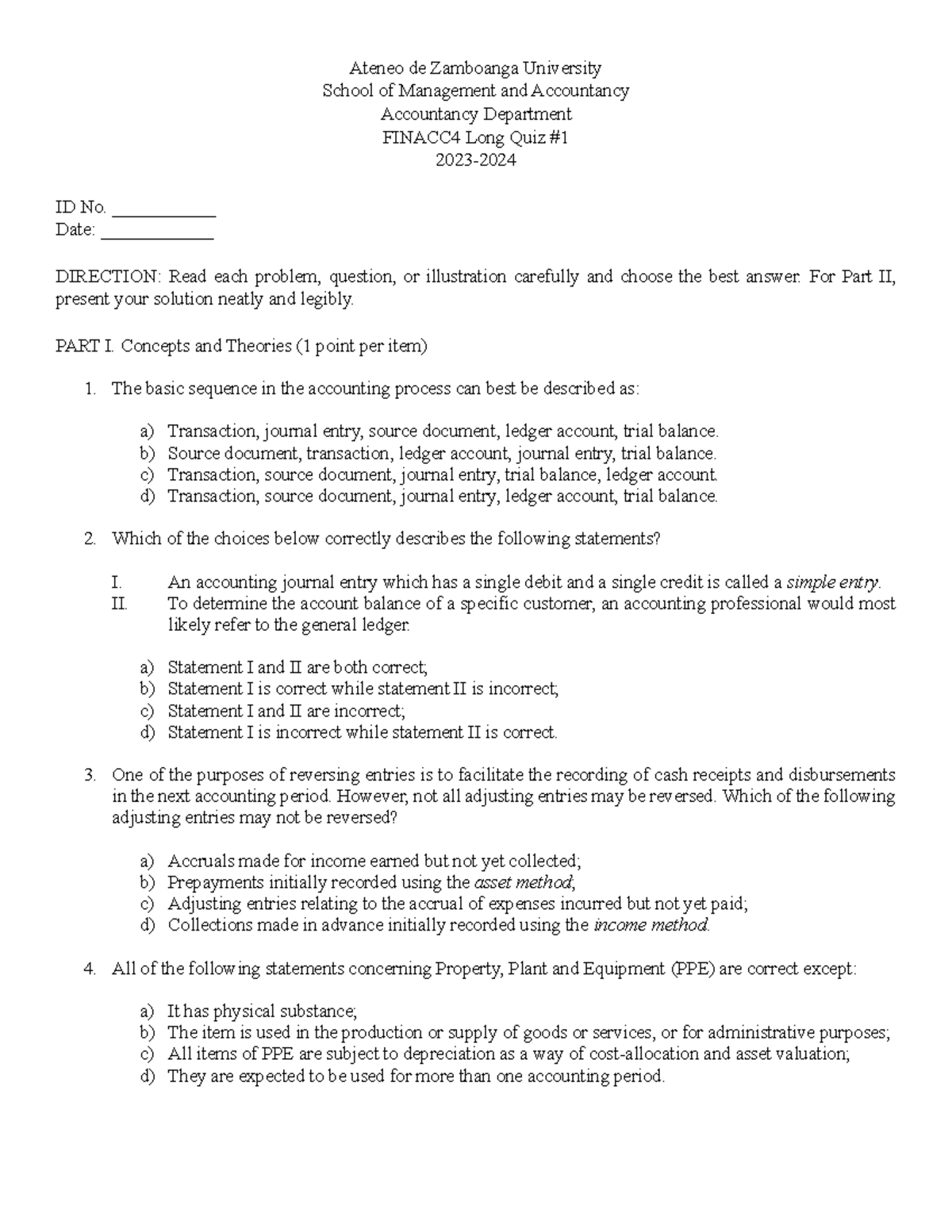 Finacc 4 LQ1: Comprehensive Review for Final Exam 2023-2024 - Studocu