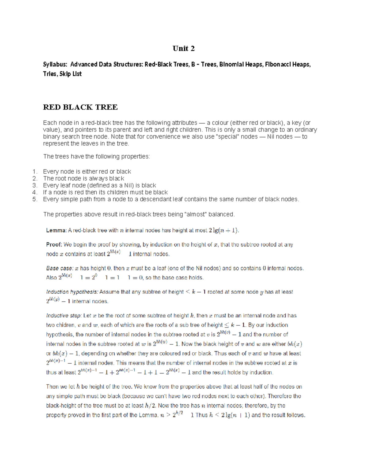 Advanced Data Structures: Red-Black Trees Notes (Unit 2) - Studocu