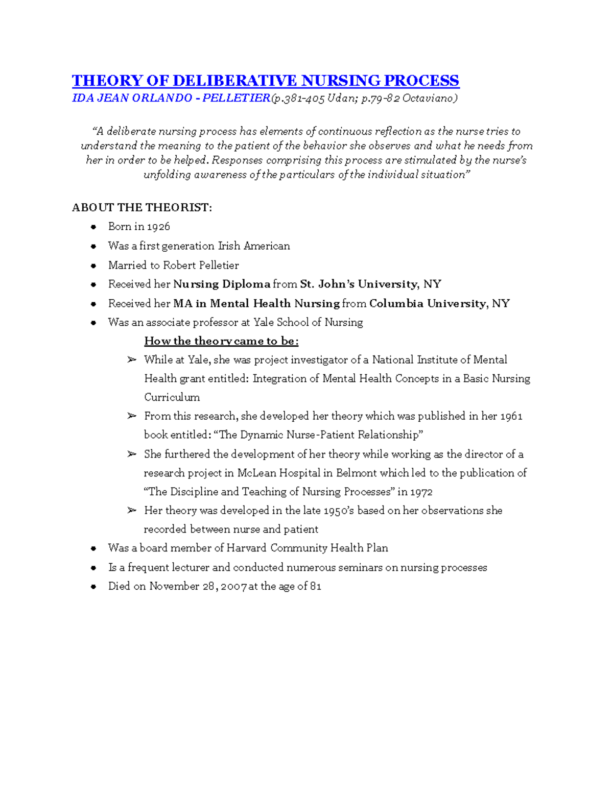 Orlando's Deliberative Nursing Process Theory Overview and Applications ...