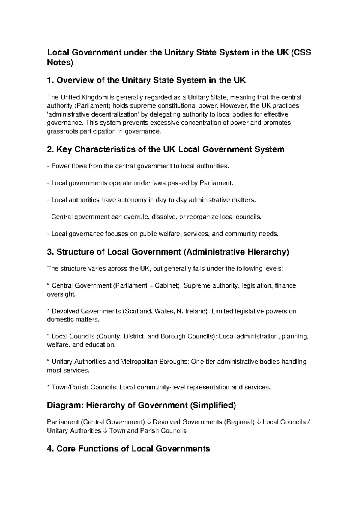 UK Local Government under Unitary State System (CSS Notes) - Studocu