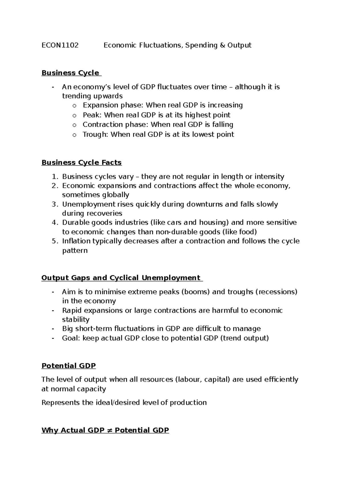 ECON1102 Lecture 6: Economic Fluctuations and Business Cycles - Studocu
