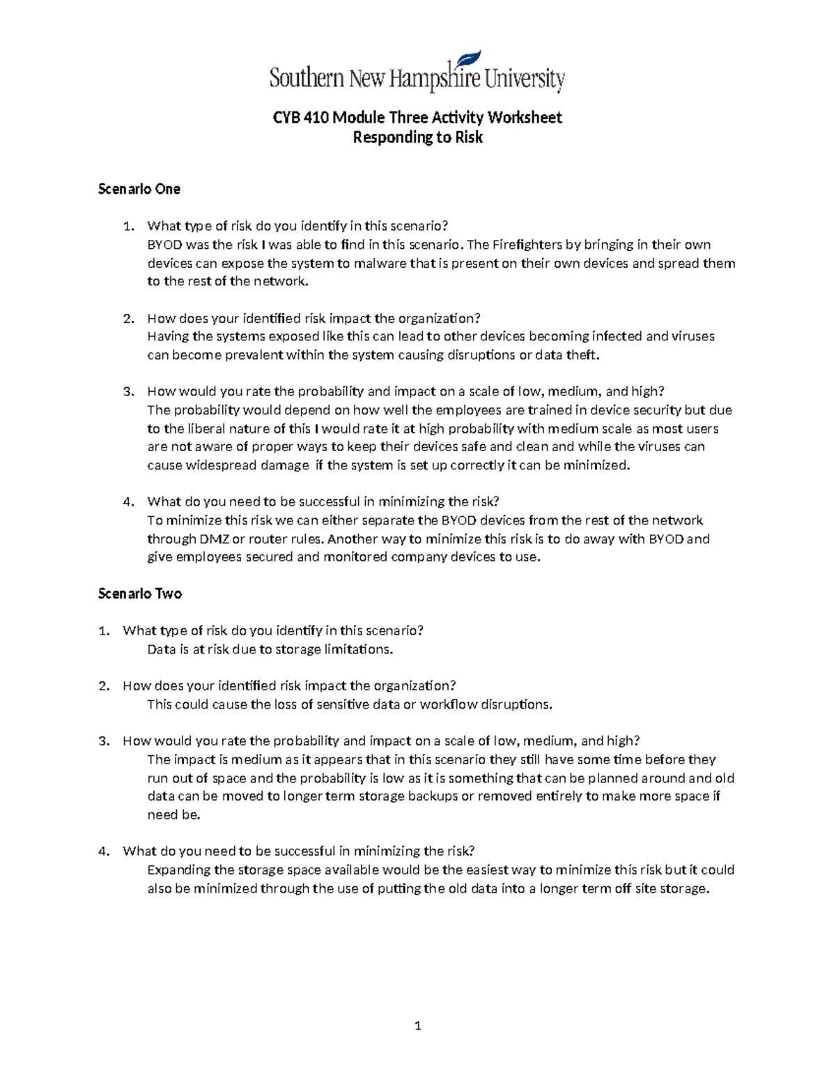 CYB 410 Module Three Activity Worksheet: Risk Response Strategies - Studocu