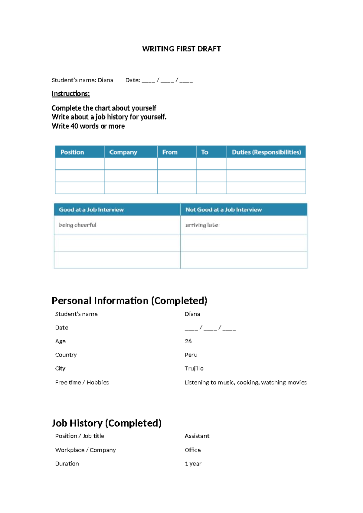 Writing Final Draft Diana tables explicit - WRITING FIRST DRAFT Student ...
