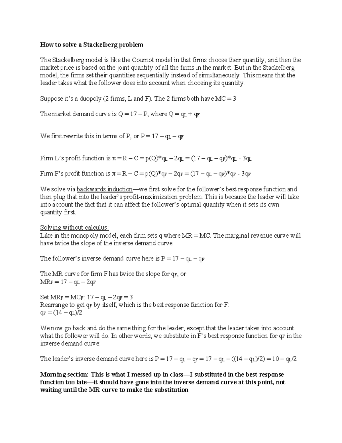 Stackelberg Problem Solution Guide: MC = 3, Duopoly Analysis - Studocu