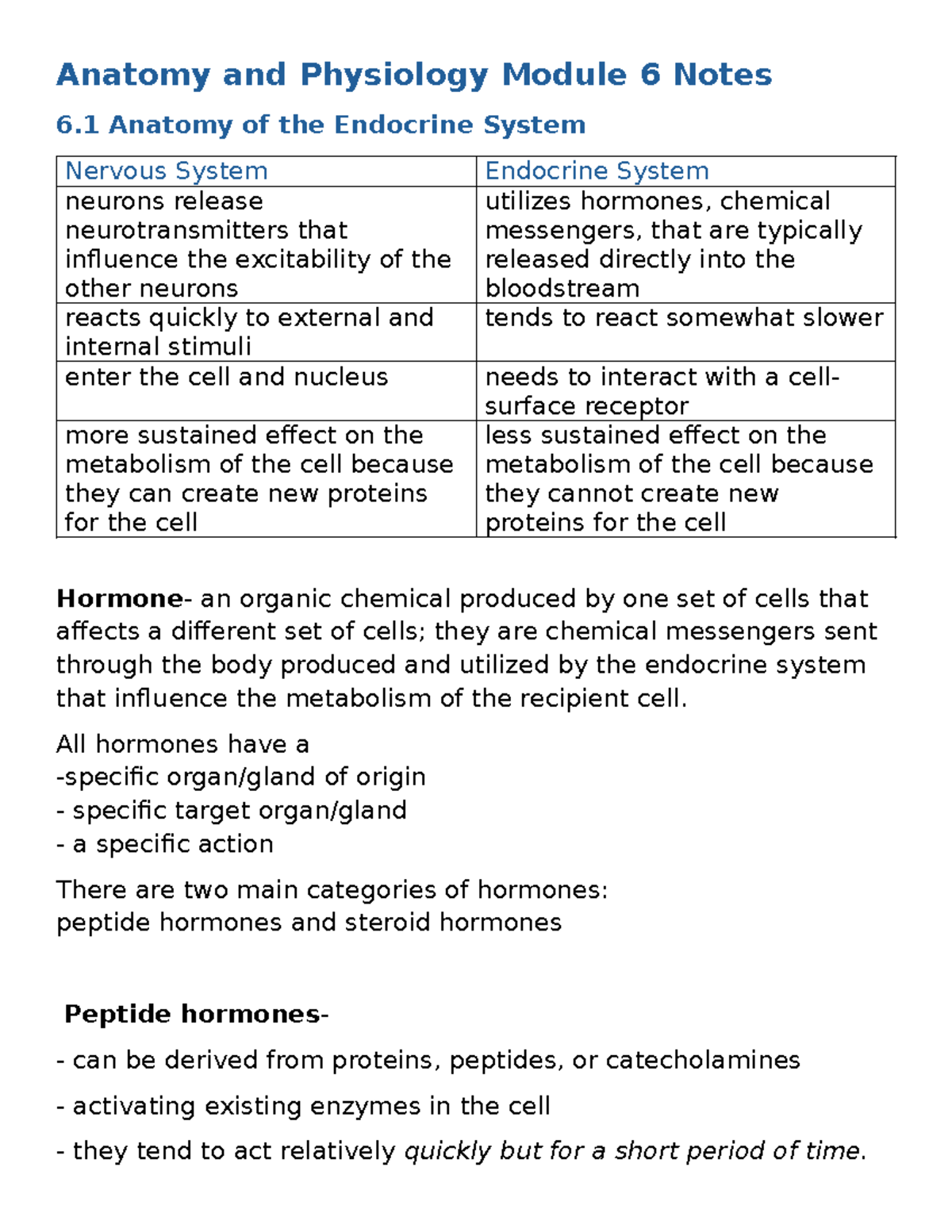 A&P Mod 6: Notes on Endocrine System Functions and Hormone Actions ...