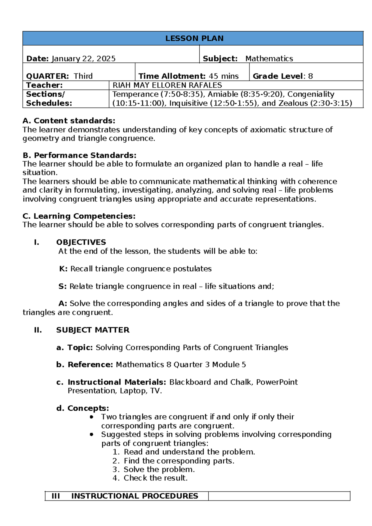 Mathematics 8 Lesson Plan: Triangle Congruence & Its Applications - Studocu