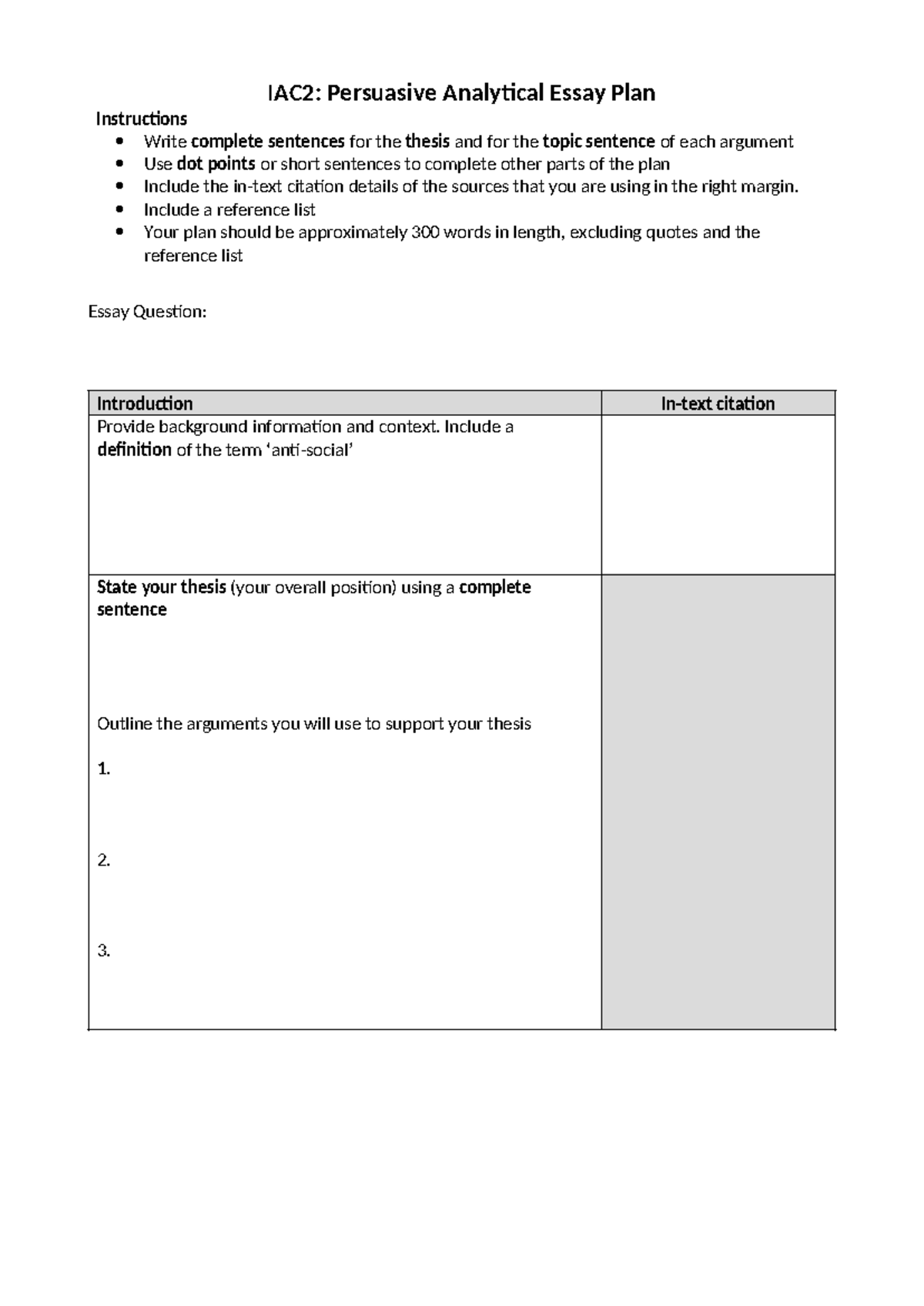 IAC2 Persuasive Analytical Essay Plan Template & Guidelines - Studocu