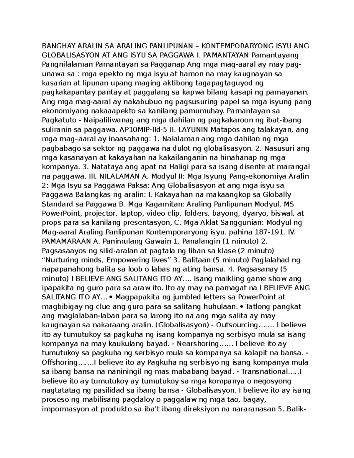 BANGHAY ARALIN: GLOBALISASYON AT ISYU SA PAGGAWA (AP 101) - Studocu
