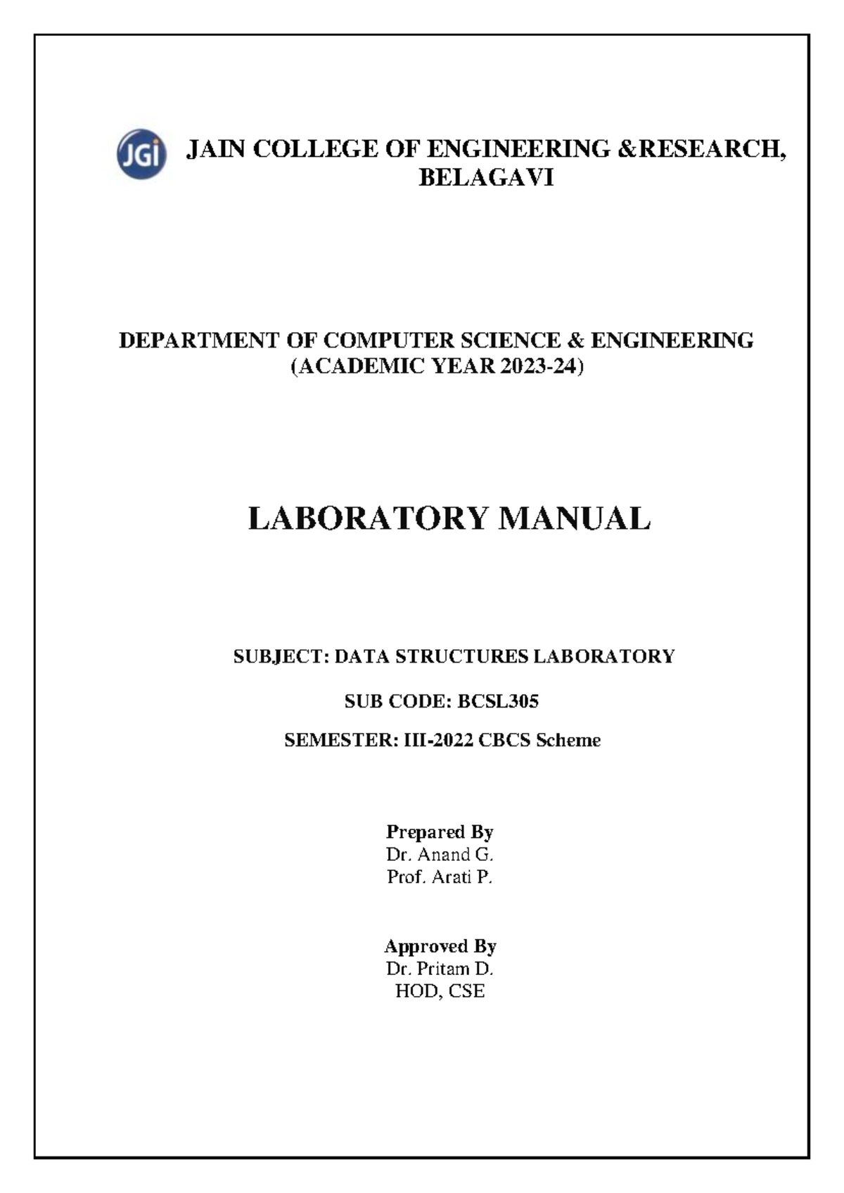 Data Structures Lab Manual - BCSL305 - Jain College of Engineering - Studocu