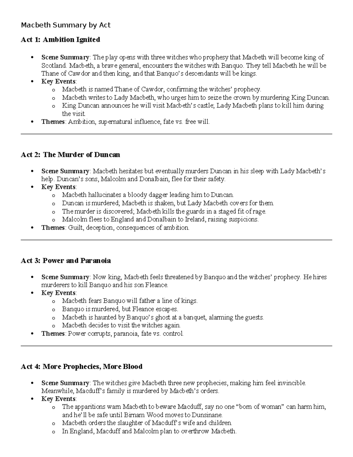 Macbeth Summary by Act: Ambition, Murder, and Prophecy Analysis - Studocu