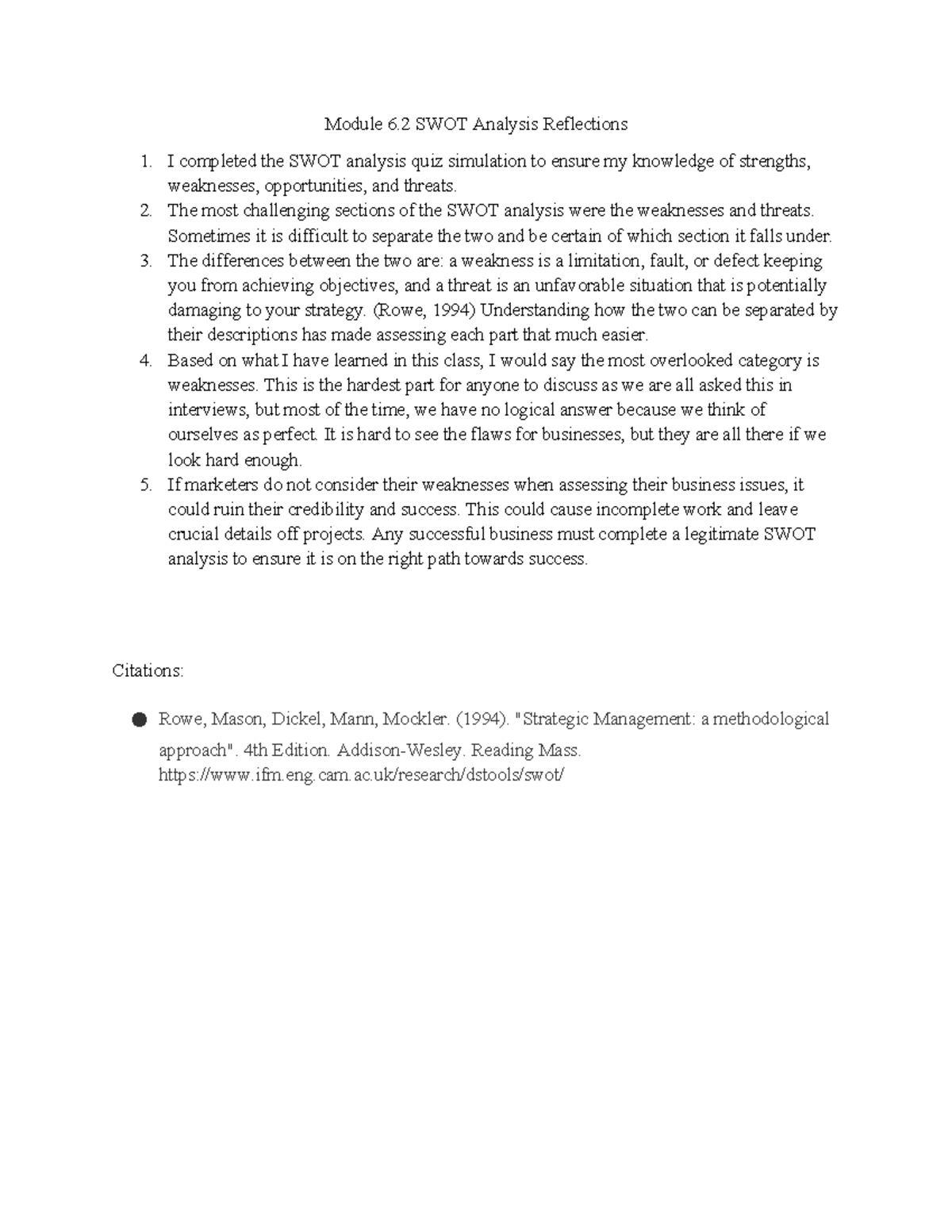 Module 6.2 SWOT - Module 6 SWOT Analysis Reflections I completed the ...