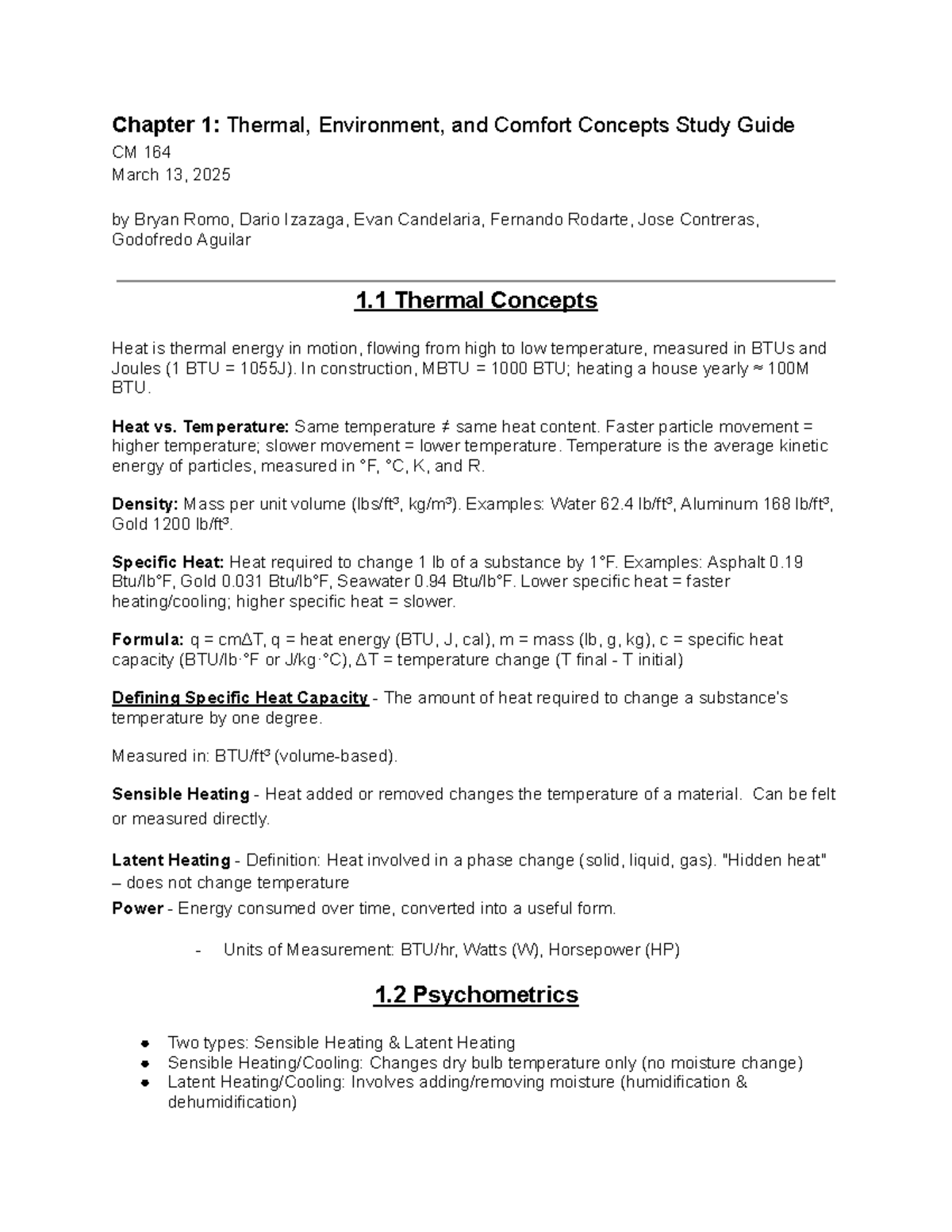 CM 162 - Chapter 1: Thermal, Environment & Comfort Study Guide - Studocu