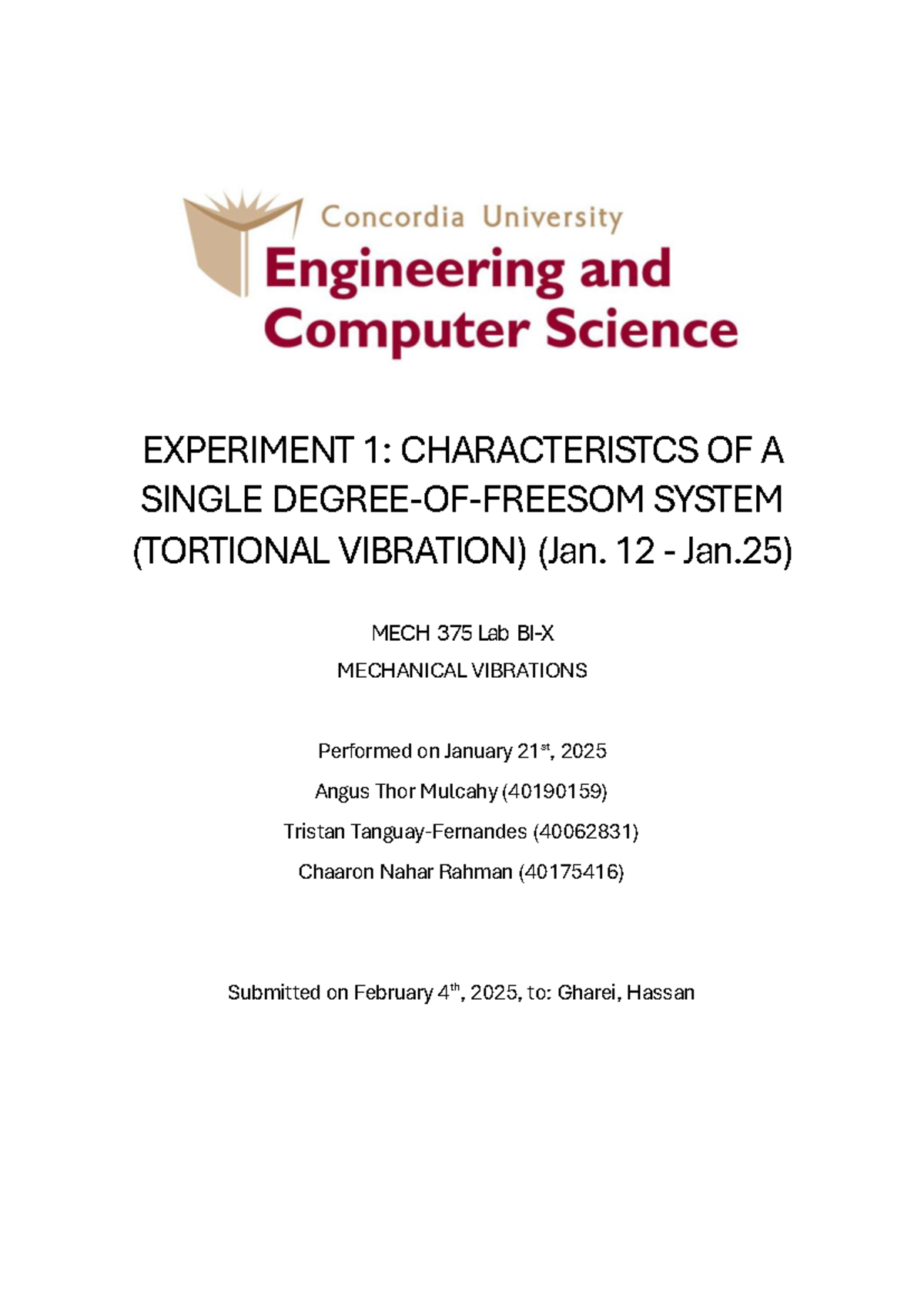 Lab #1: Characteristics of a Single Degree of Freedom System (MECH 375 ...