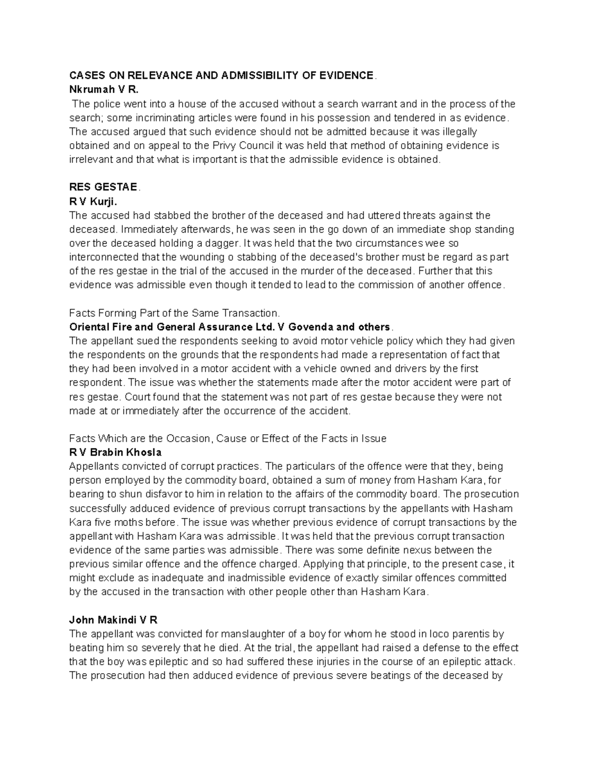 Important Cases on Relevance & Admissibility of Evidence in Law - Studocu
