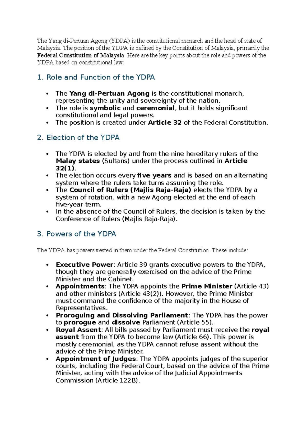 YDPA: Role, Powers, and Constitutional Framework in Malaysia - Studocu