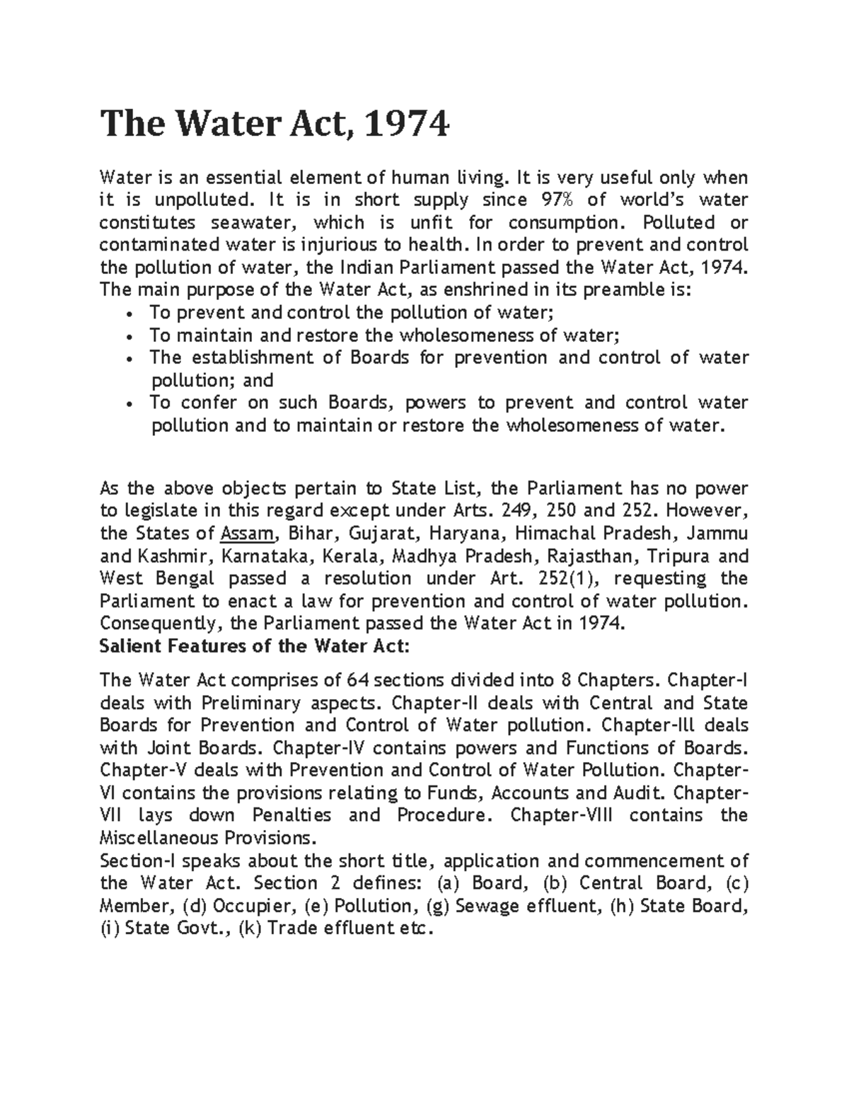 Water Act, 1974: Comprehensive Notes on Legislation & Enforcement - Studocu