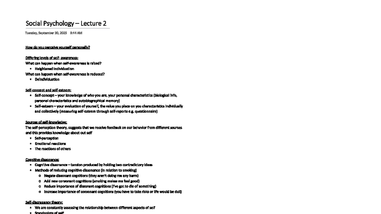 Social Psychology Lecture 2: Self-Perception and Cognitive Dissonance ...