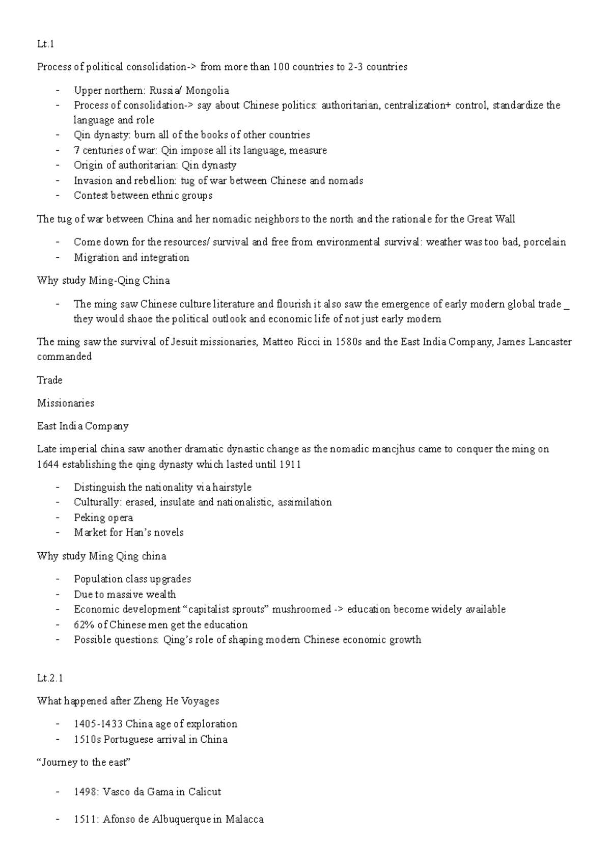 Hist 20422 Lecture Notes: Political Dynamics in China from Qin to Qing ...