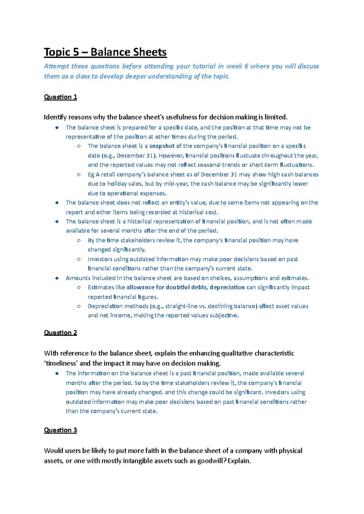 Topic 5 Tutorial Questions: Understanding Balance Sheets and Decision ...