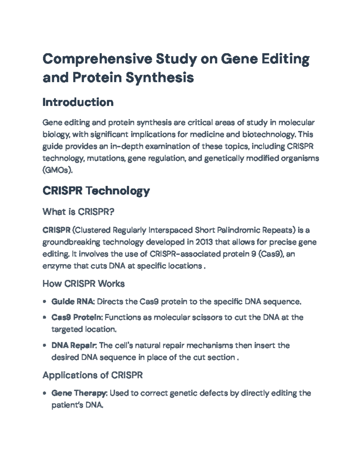 Comprehensive Study Guide on Gene Editing & Protein Synthesis in Bio ...