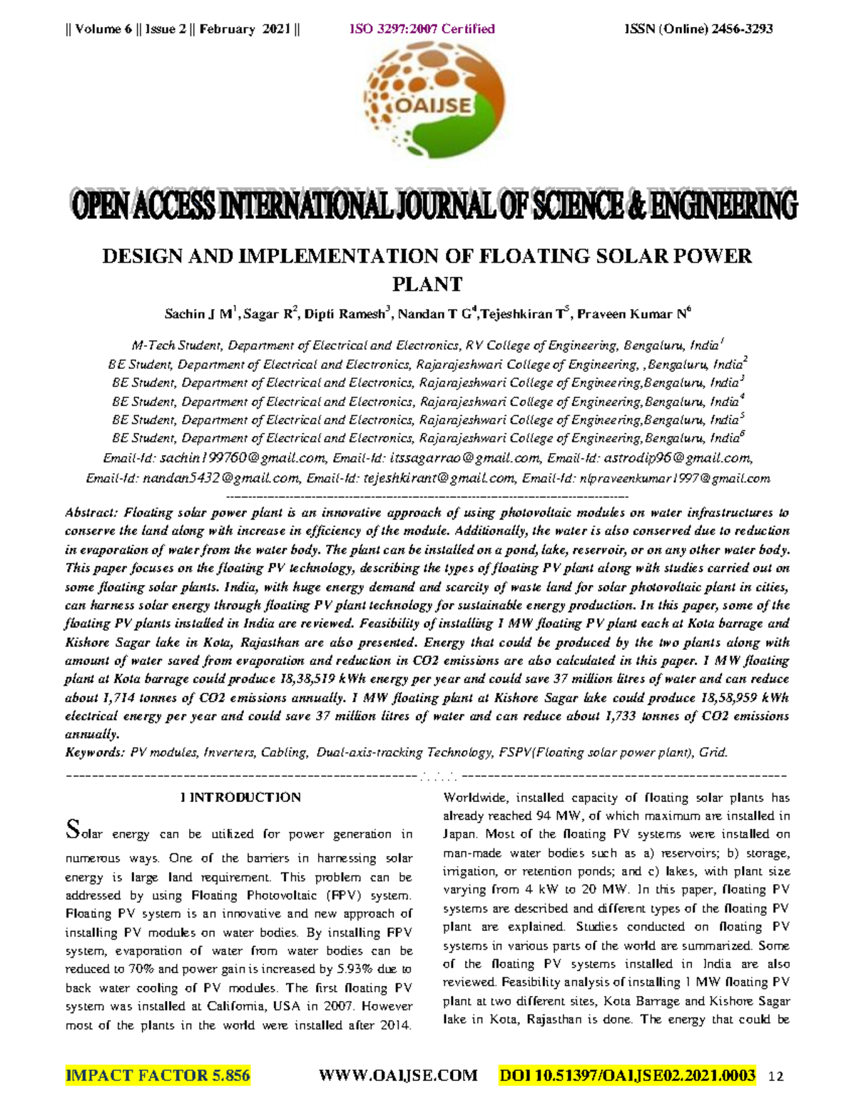 Design and Implementation of Floating Solar Power Plant (EE 677) - Studocu