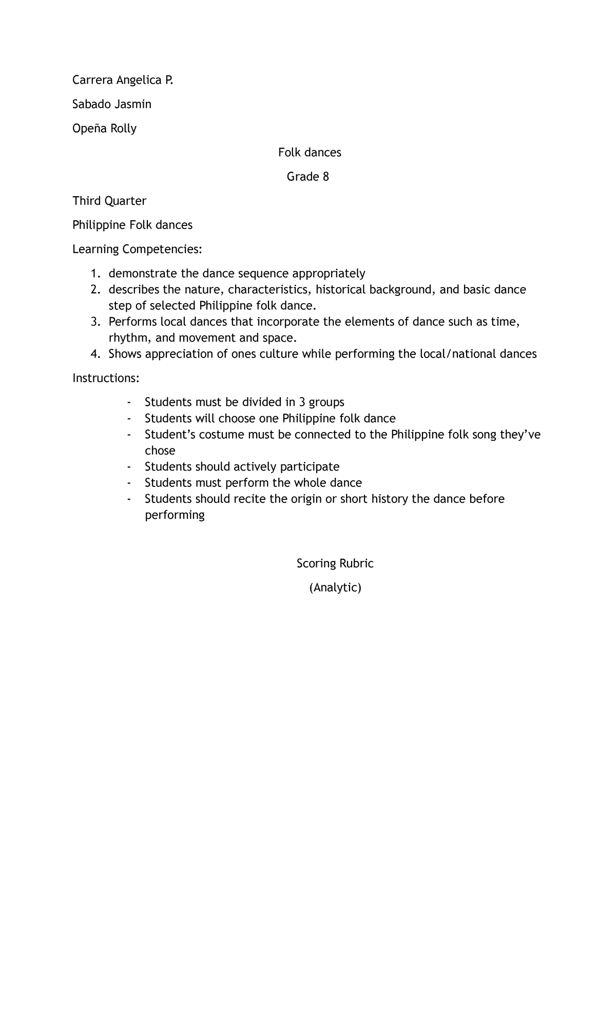 Grade 8 Folk Dances: Third Quarter Performance & Competencies - Studocu