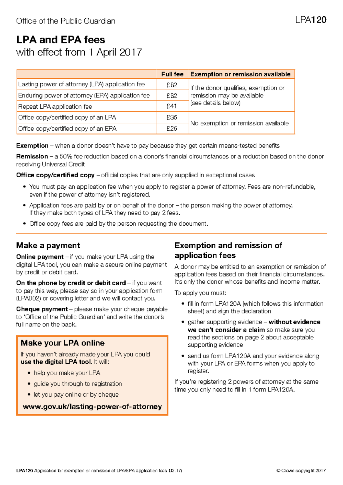 LPA120 Lasting power of attorney and enduring power of attorney fees ...