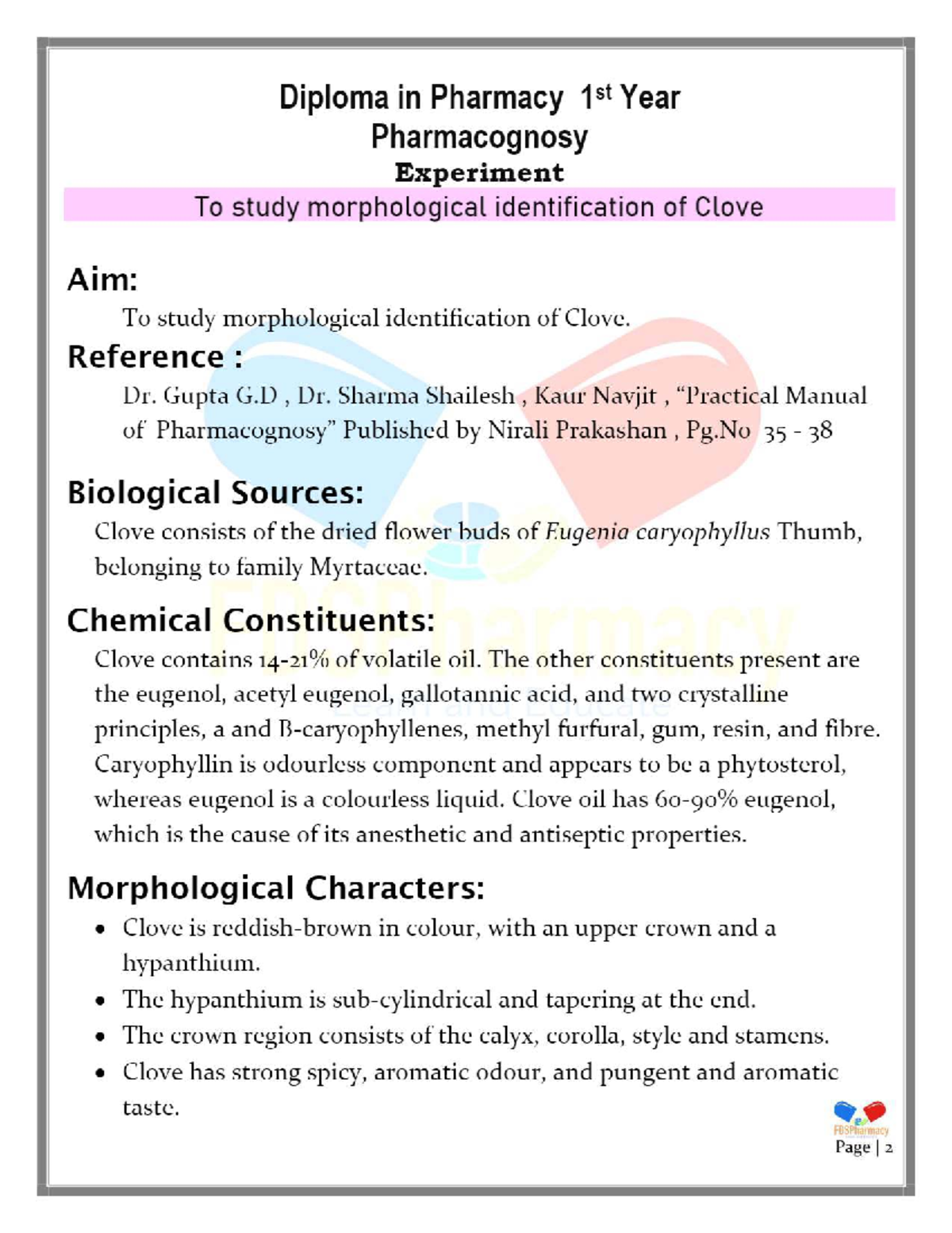 PHCY-10 To study morphological identification of Clove - Reference : Dr ...