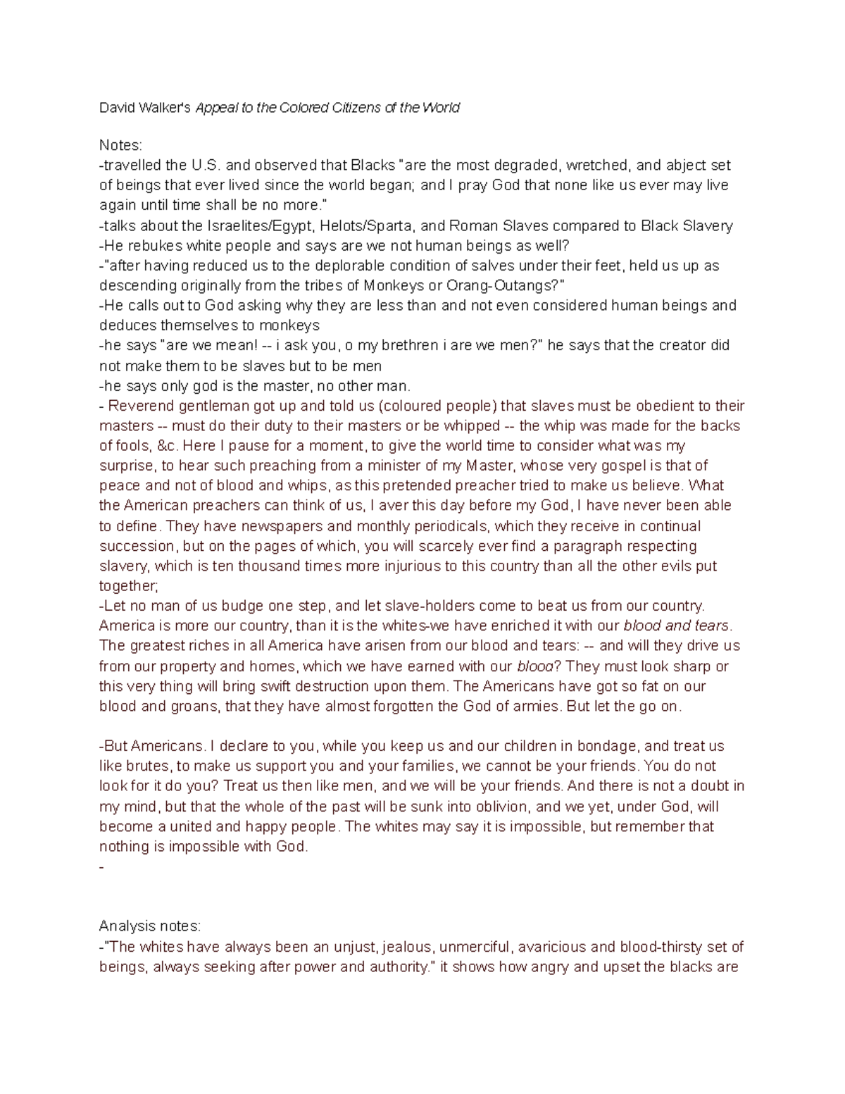 Summary Notes of David Walker's Appeal to the Colored Citizens of the ...