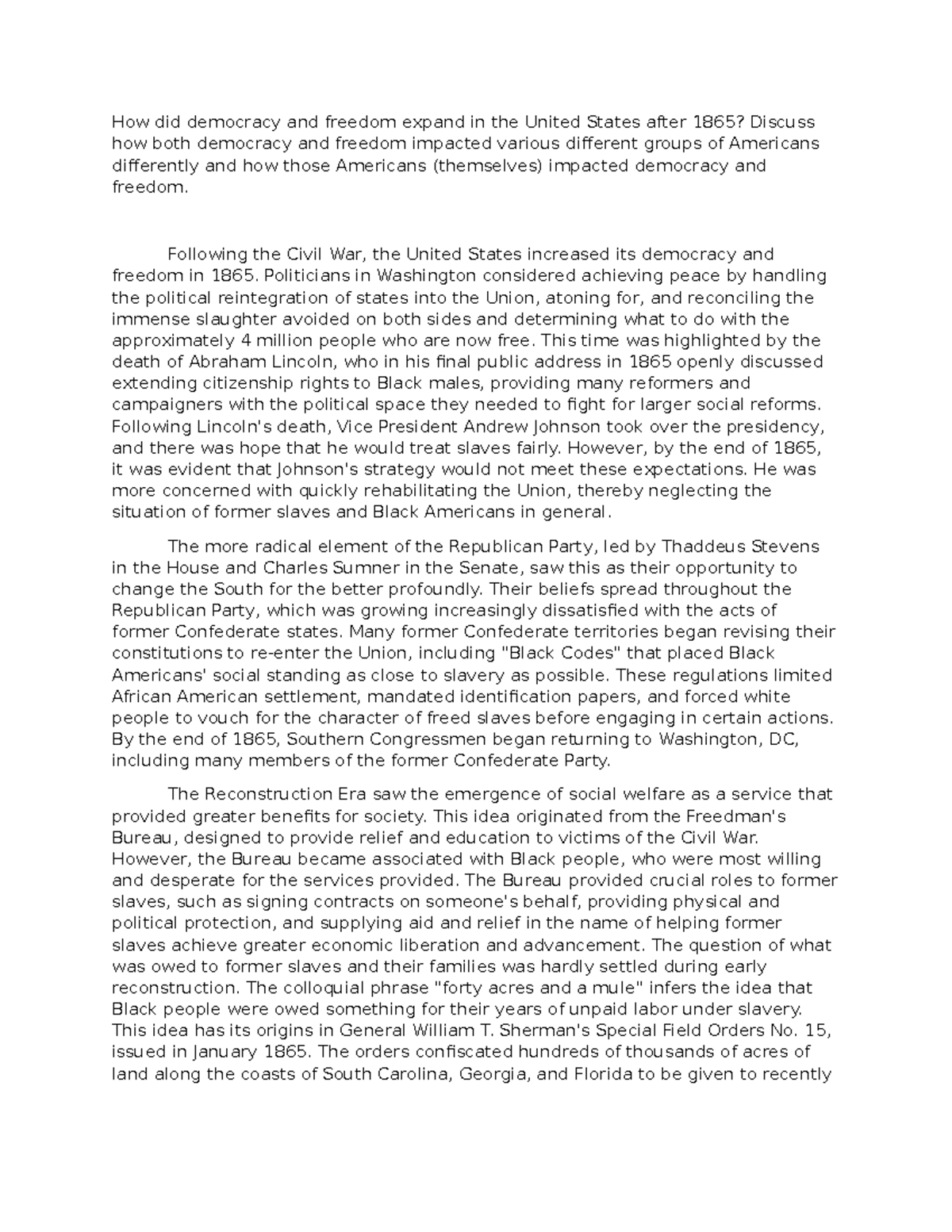 History 101 - Final Exam: Expansion of Democracy and Freedom Post-1865 ...