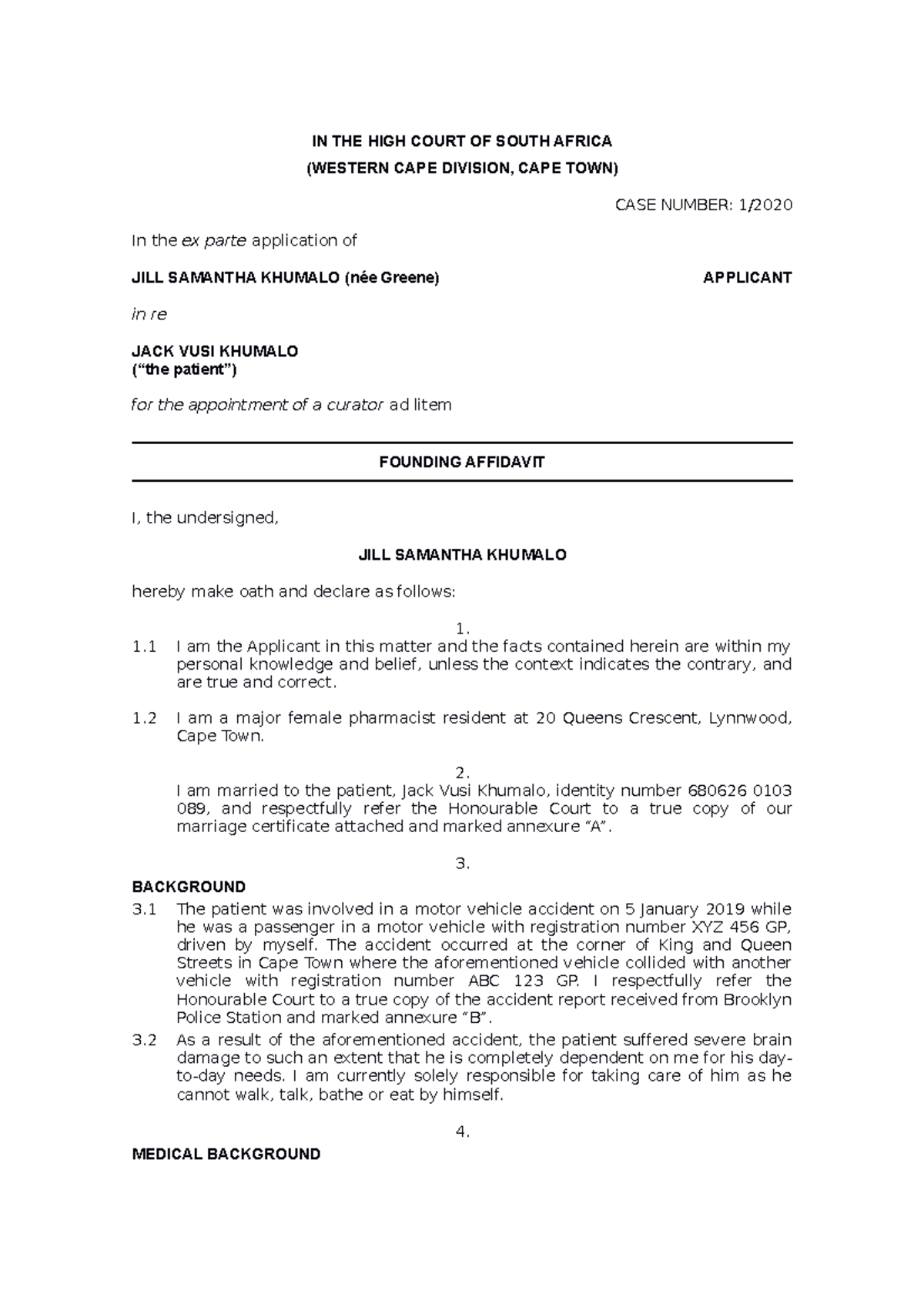 Founding Affidavit for Curator Appointment - Case No: 1/ - Studocu