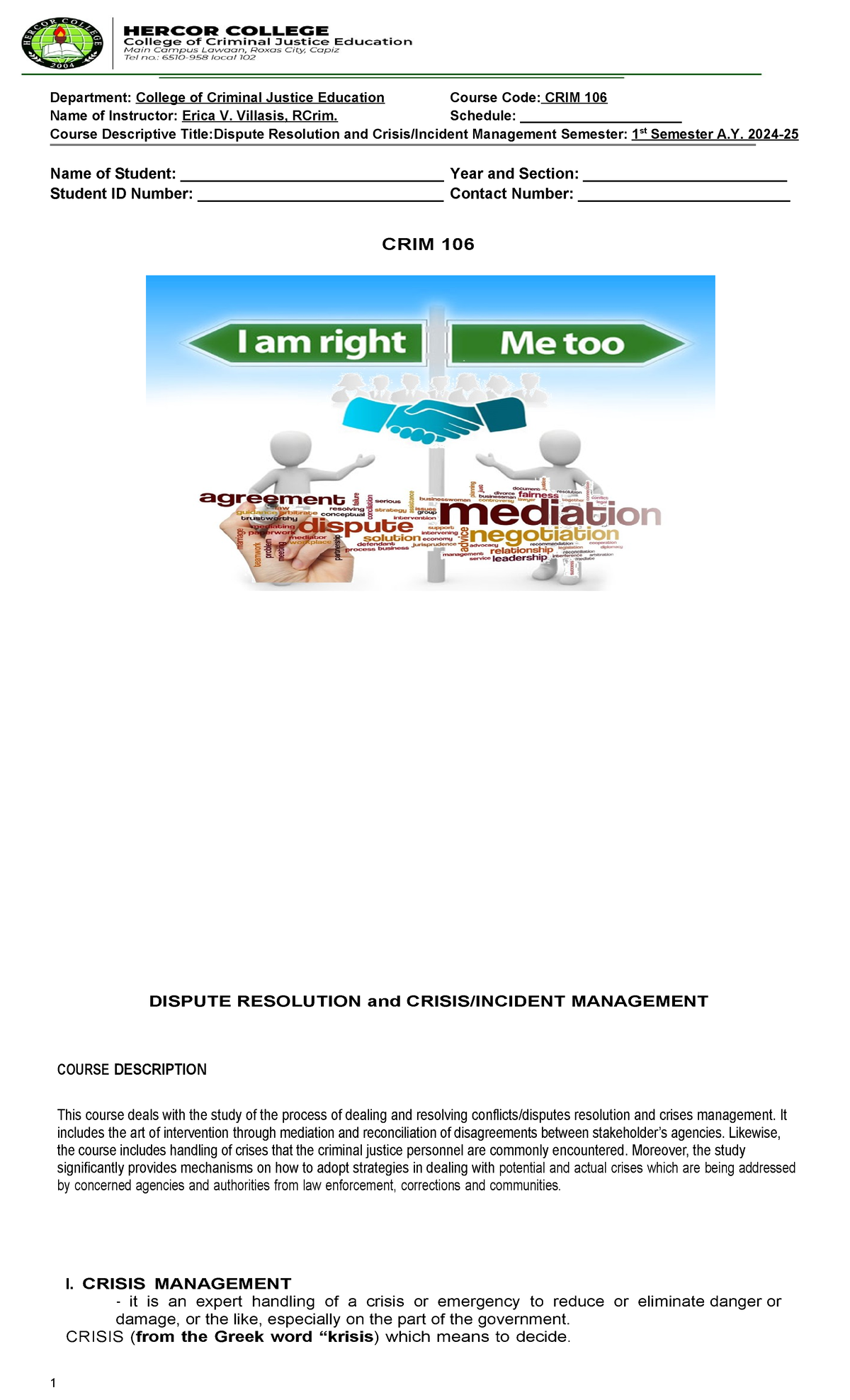 CRIM-106-Dispute Resolution & Crisis Management Handouts - Studocu