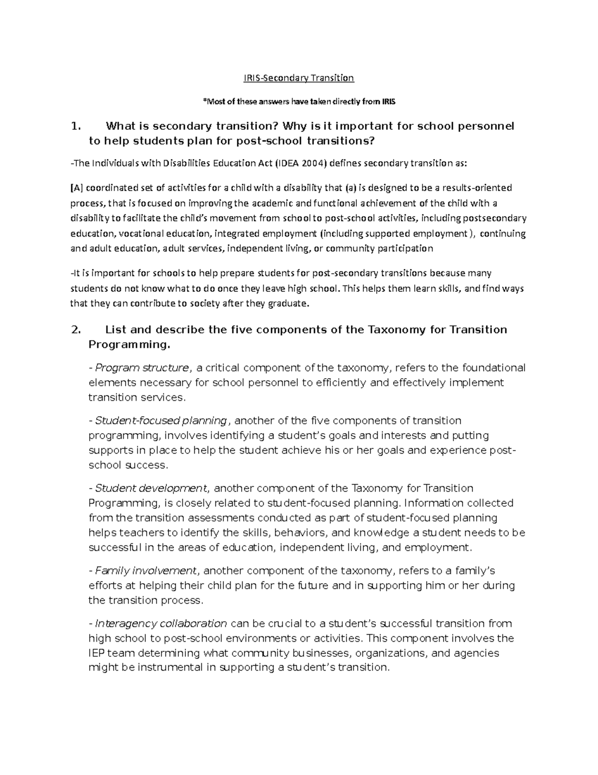 IRIS-Secondary Transition Insights for Students with Disabilities - Studocu