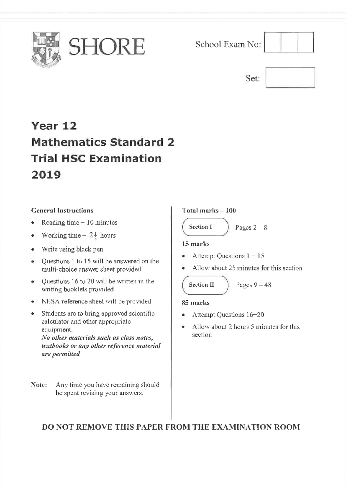 Shore Year 12 Mathematics Standard 2 Trial HSC Exam 2019 Solutions ...