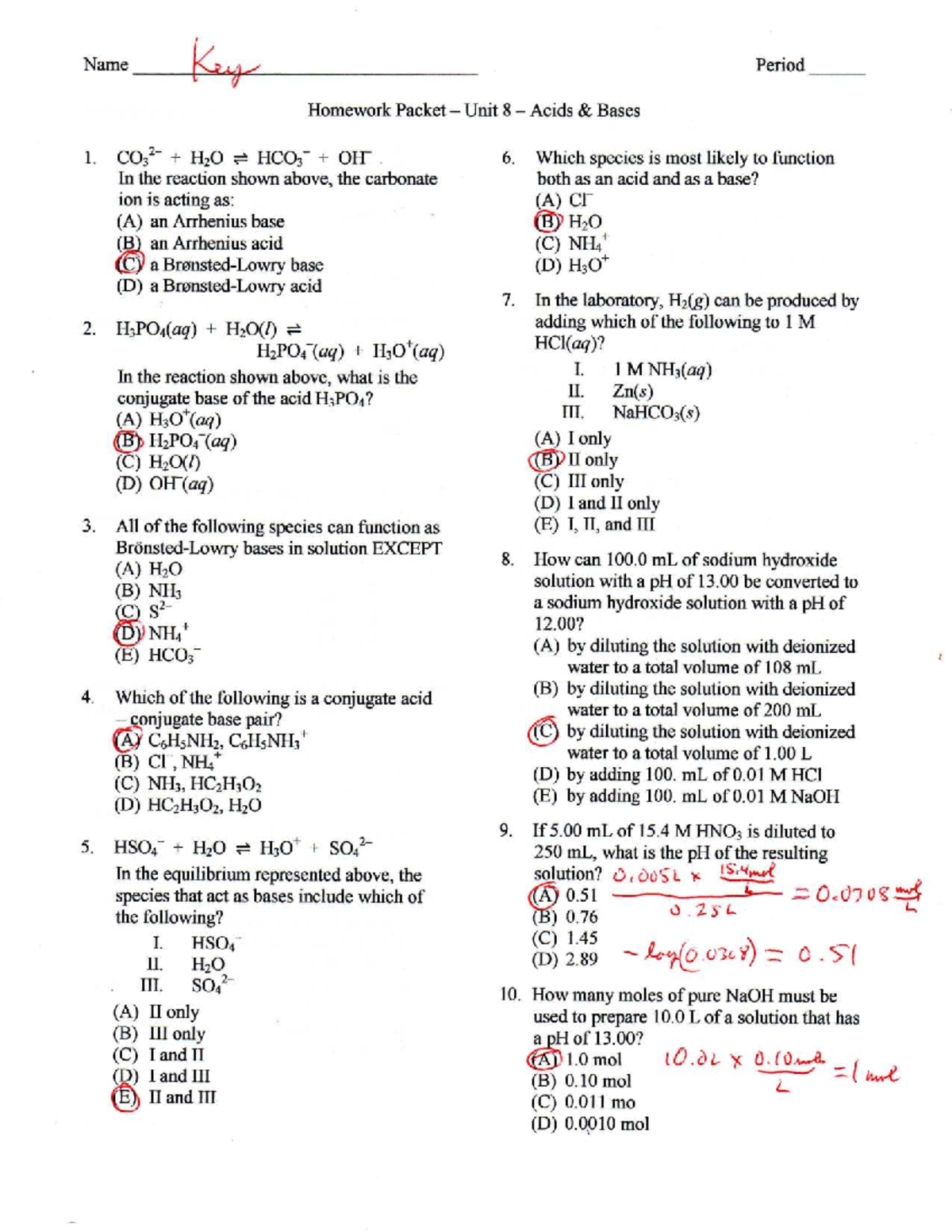 AP Chem Unit 8 Test Answer Key: Acids and Bases Concepts - Studocu