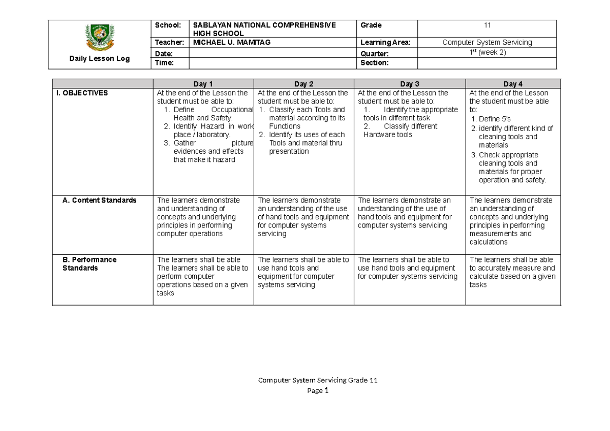 Daily Lesson Log for Computer System Servicing 11 (Week 2) - Studocu