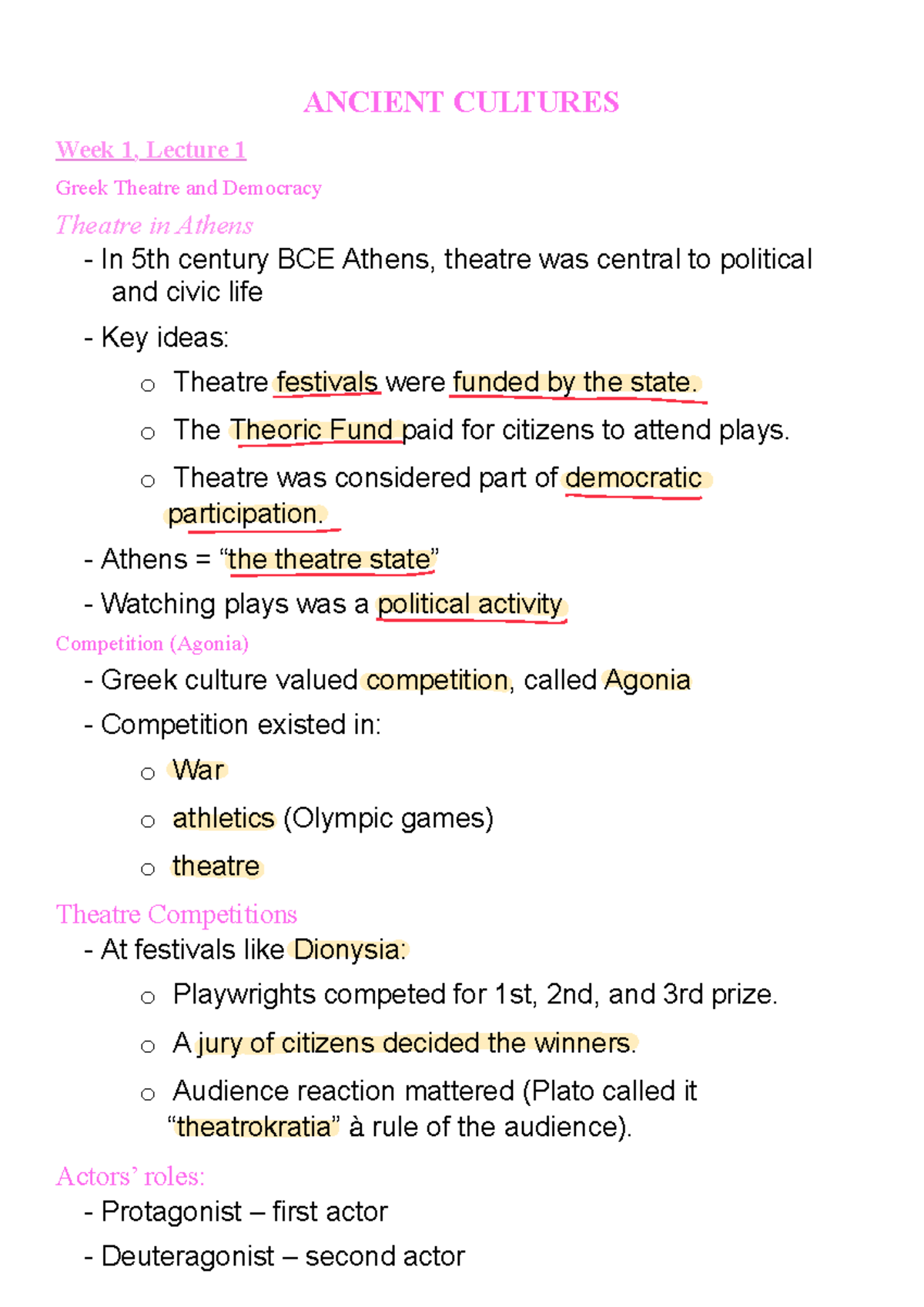 ANCIENT CULTURES (AC 101) Week 1 & 2 Lecture Notes on Greek Theatre and ...