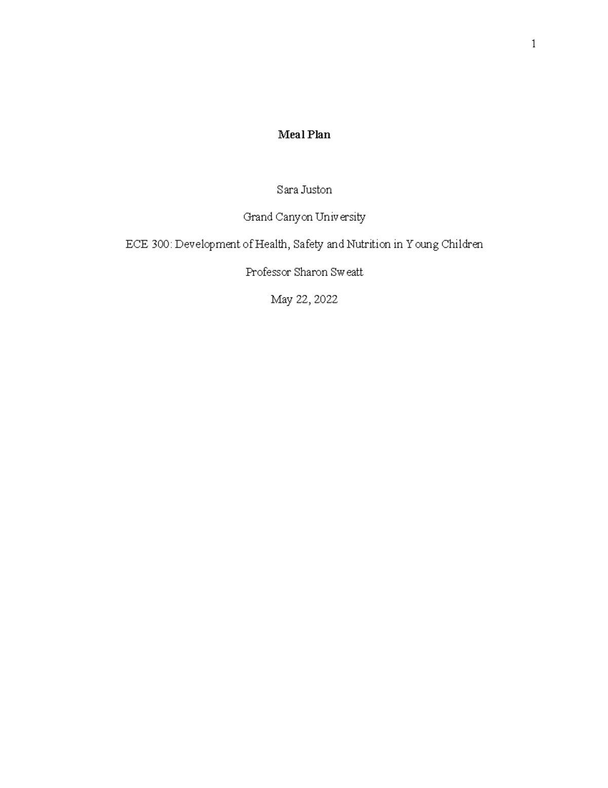 ECE 300- Meal Plan - Early childhood education - Meal plan assignment ...