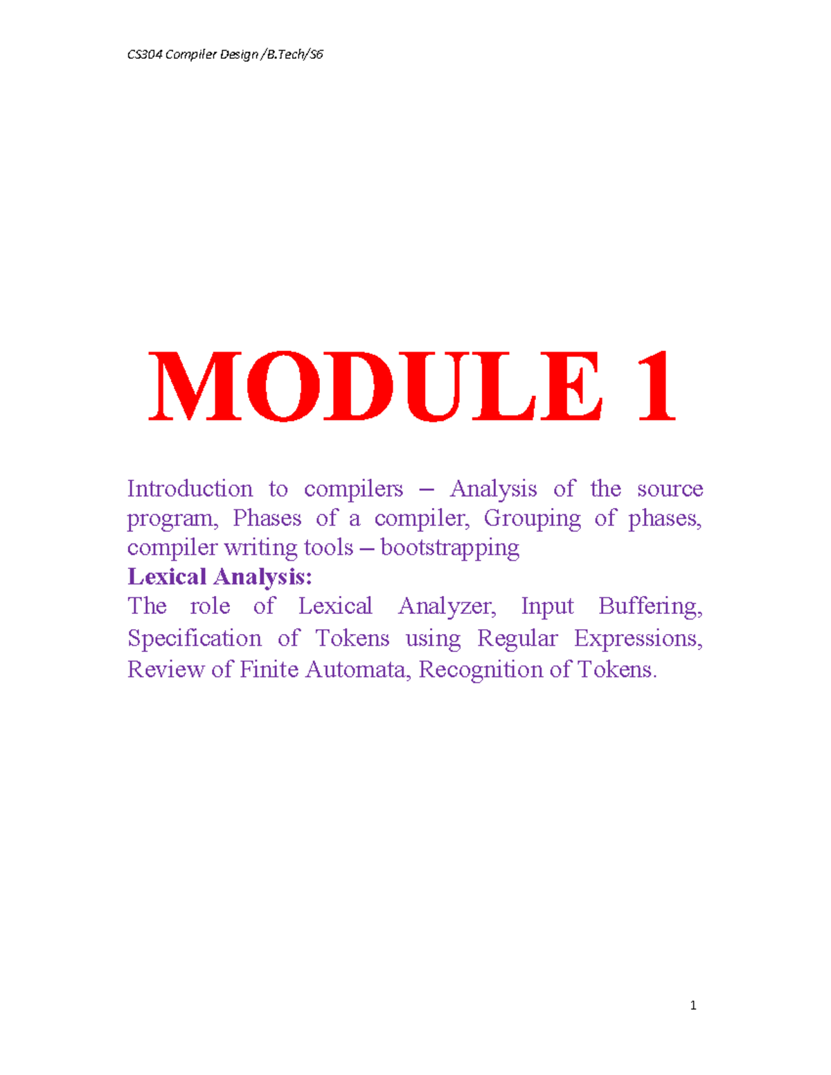 CS304 Compiler Design: Lexical Analysis and Compiler Phases Overview ...
