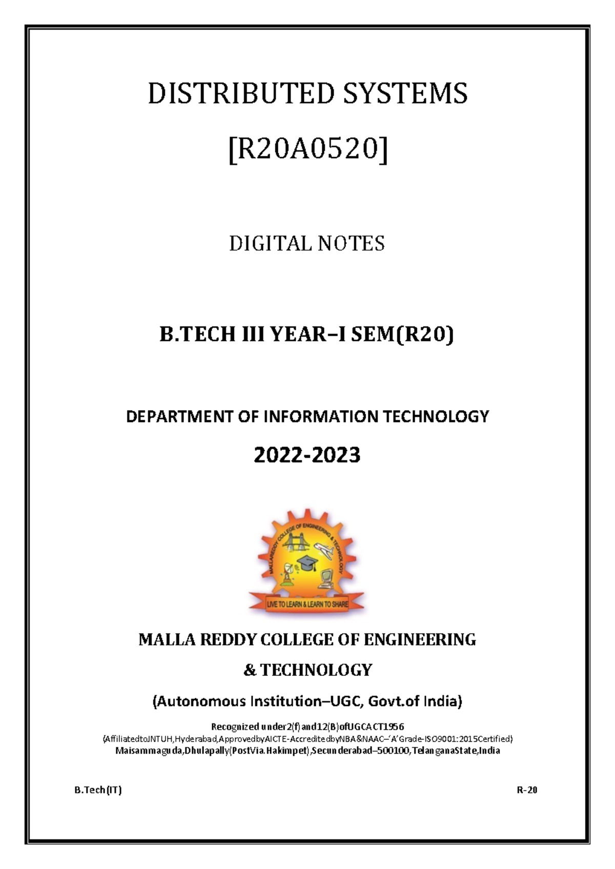 Distributed Systems [R20A0520] - Digital Notes for B.Tech III Year I ...