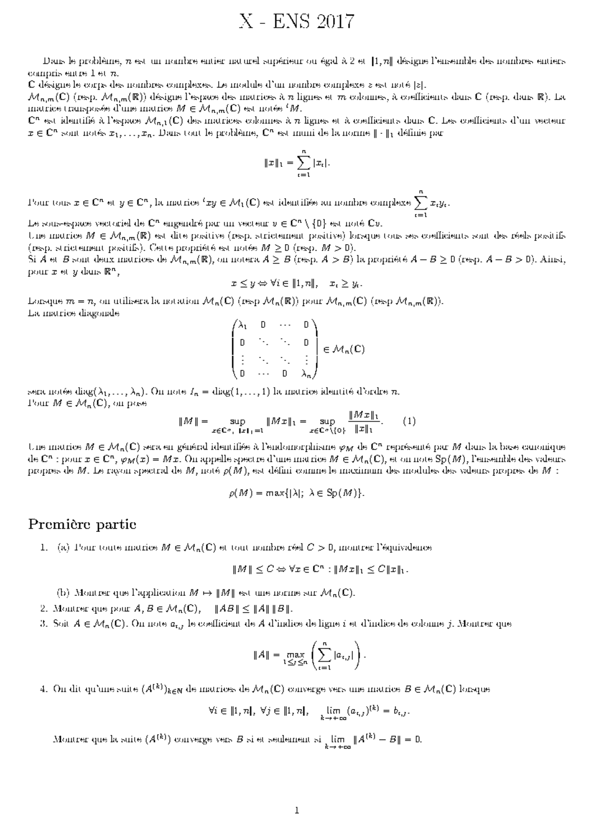 Banque X-ÉNS 2017 PC Mathématiques - Propriétés des Matrices Complexes ...