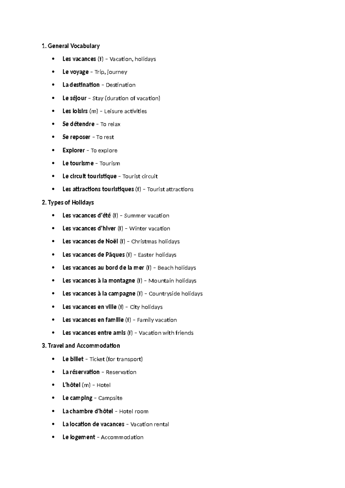 Holidays and Vacation Vocabulary in French - 1. General Vocabulary Les ...