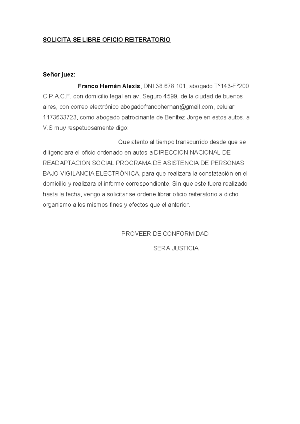 Solicitud de Oficio Reiteratorio - C.P.A.C.F. - Studocu