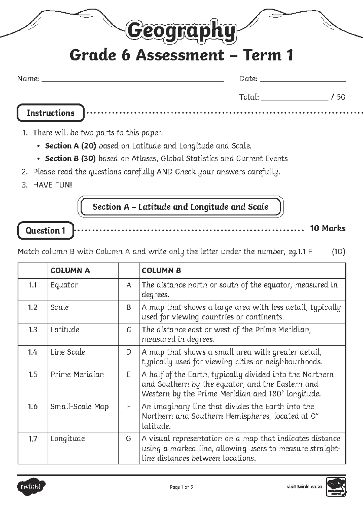 Za nst 1729675480 grade 6 geography assessment term 1 b&w - Name: Date: - Studocu